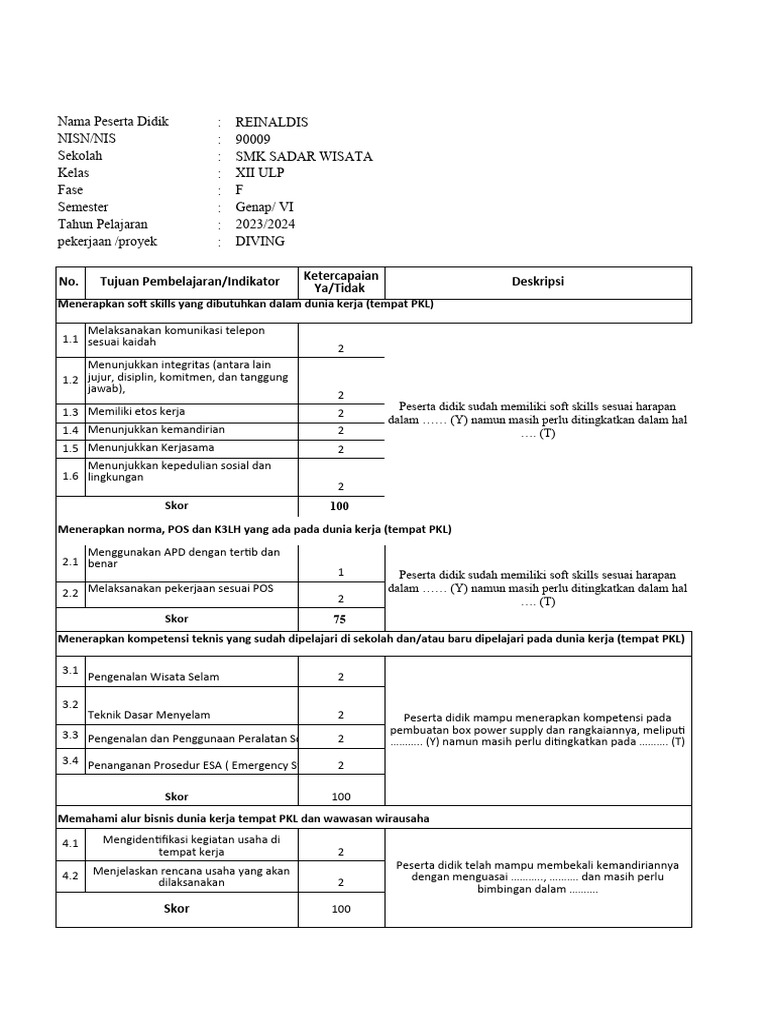 Rapor SMK PKL Kelas Xii Ulp Tour Diving | PDF