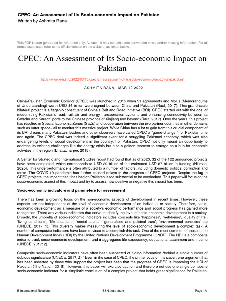 CPEC An Assessment of Its Socio Economic Impact On Pakistan | PDF | Pakistan | Employment