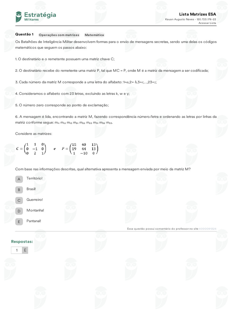 Códigos Matemáticos em Mensagens Secretas | PDF