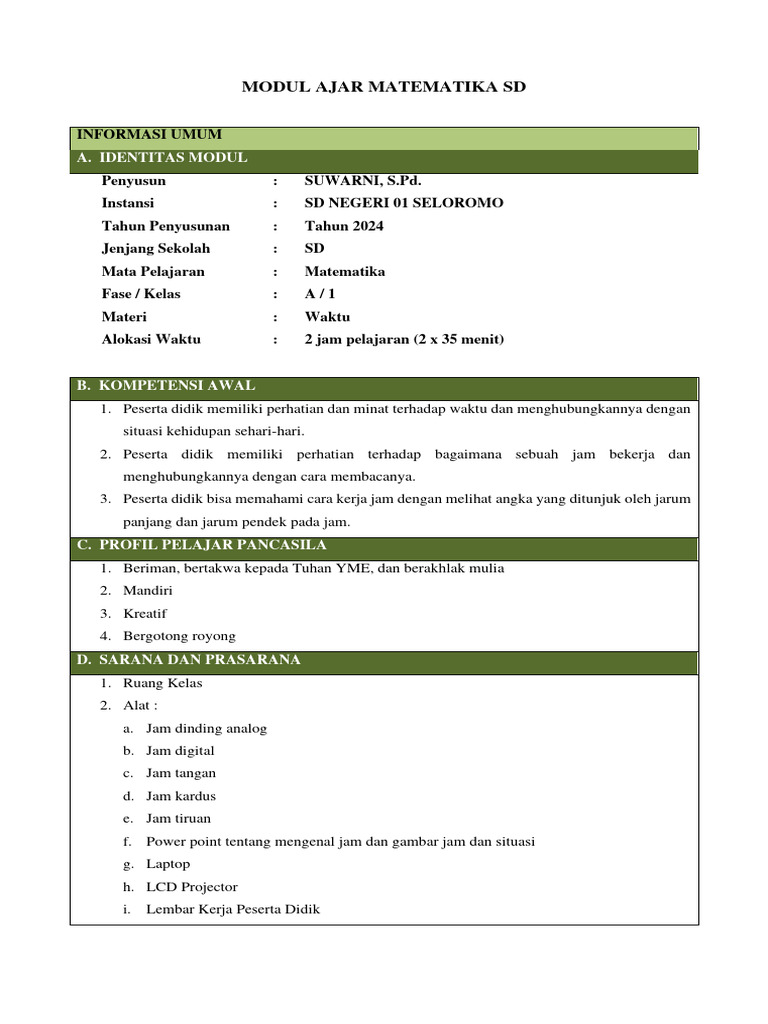 Modul Ajar Matematika - Modul Ajar Matematika Materi Waktu Fase A Kelas 1 - Fase A | PDF ...