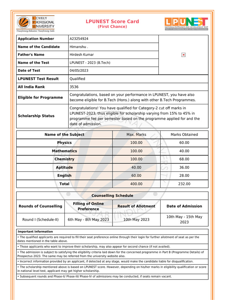 LPU Resultcard | PDF | University And College Admission | Educational Stages