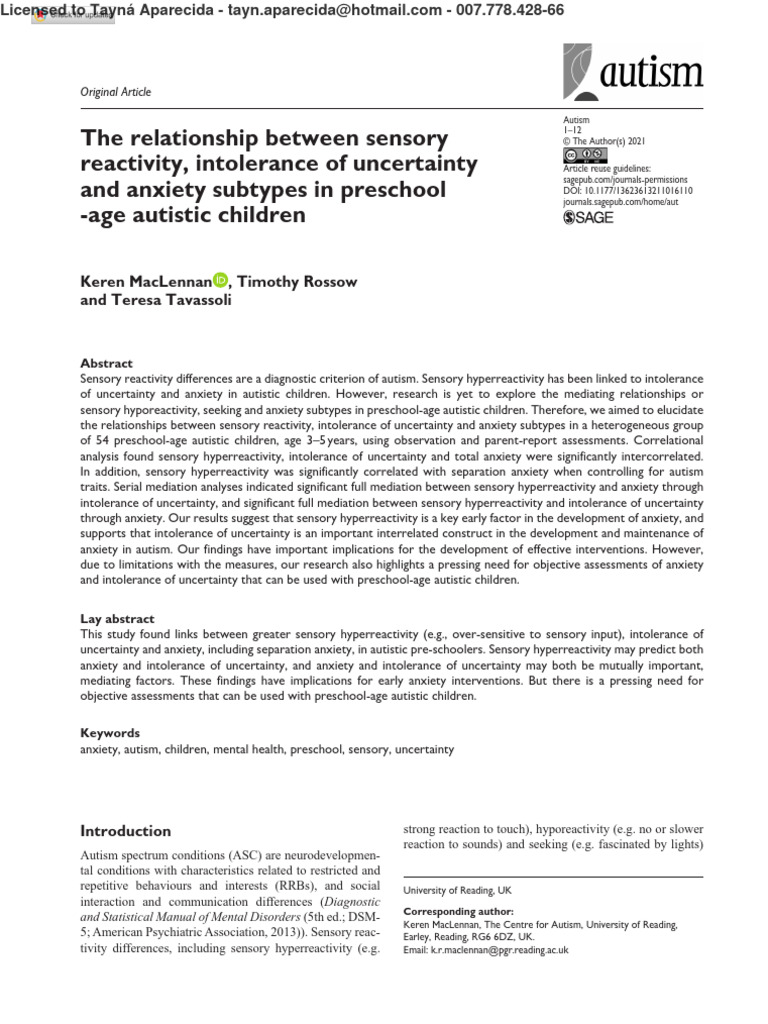Sensory Reactivity and Anxiety in Autistic Preschoolers | PDF | Autism ...