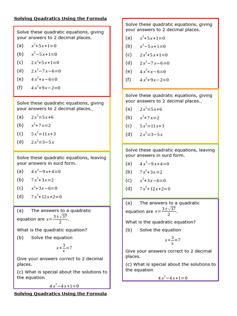 Solving Quadratics by Formula Practice Strips | PDF | Quadratic ...