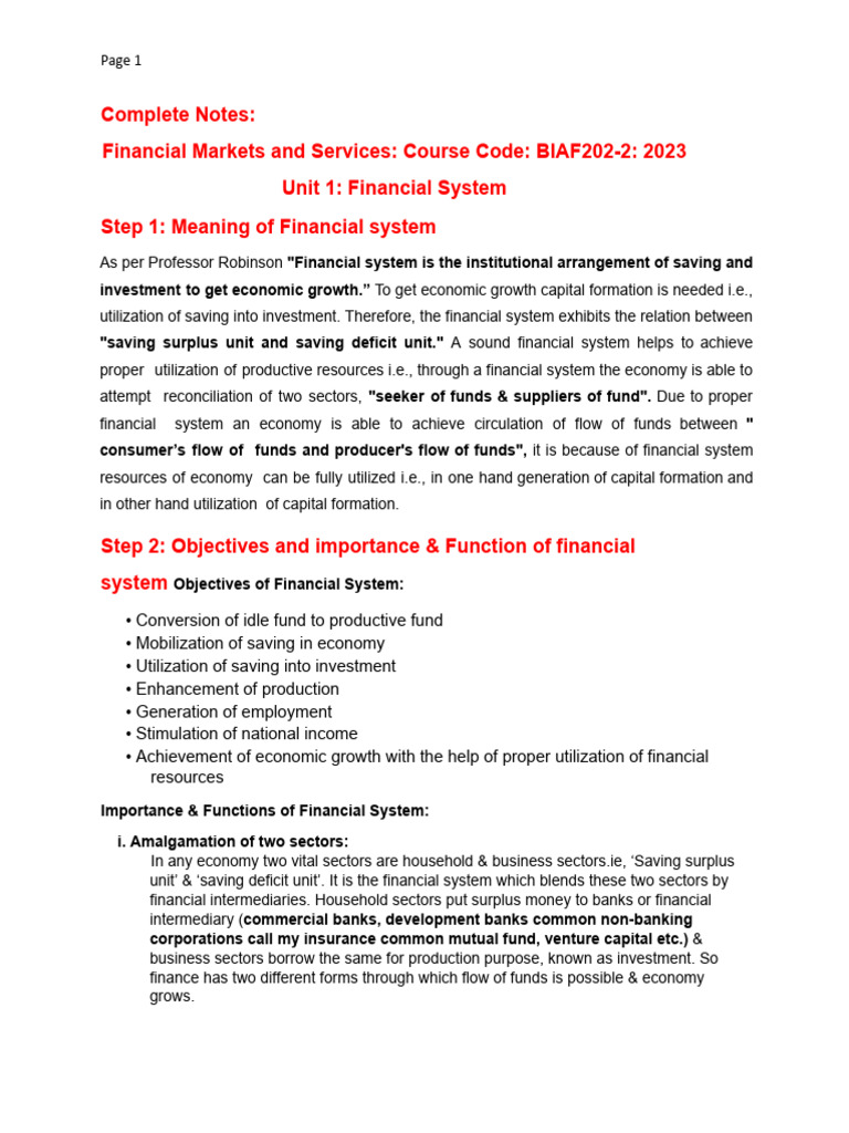 Unit 1 Financial System For BCOM IAF PDF | PDF | Saving | Capital (Economics)