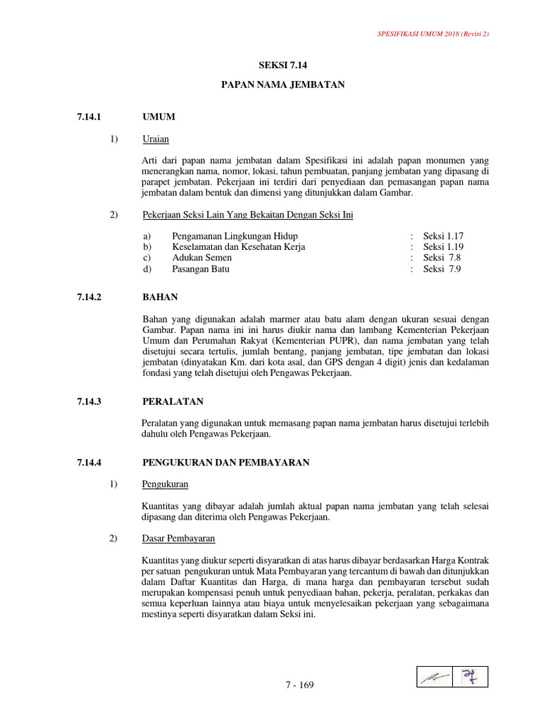 Spesifikasi Umum 2018 Revisi 2 Divisi 7.14 Tentang Papan Nama Jembatan | PDF