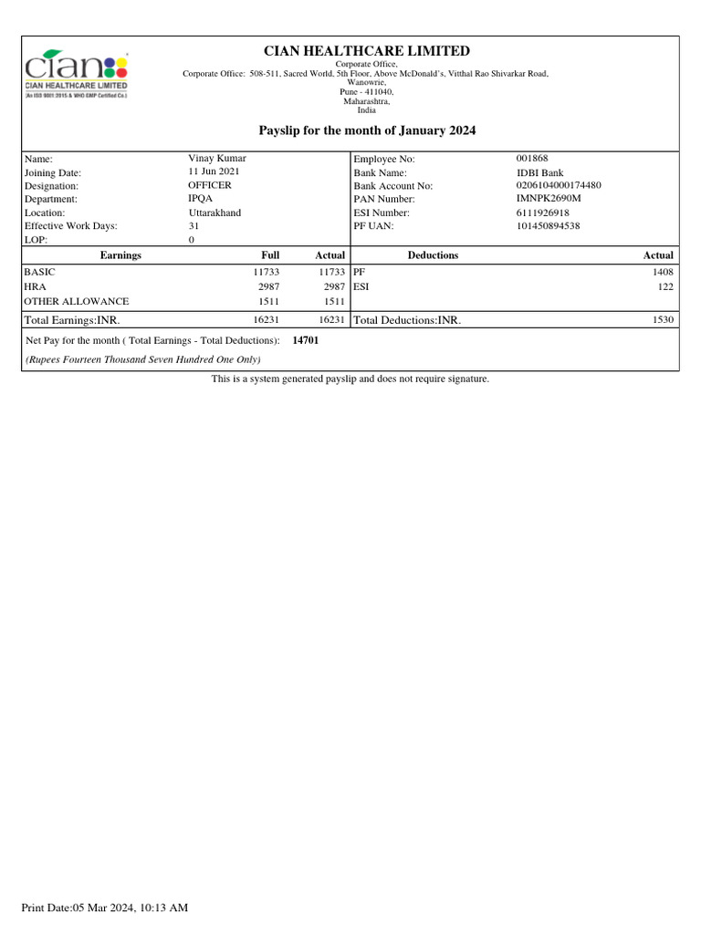 Payslip Jan 2024 | PDF | Payments | Personal Finance