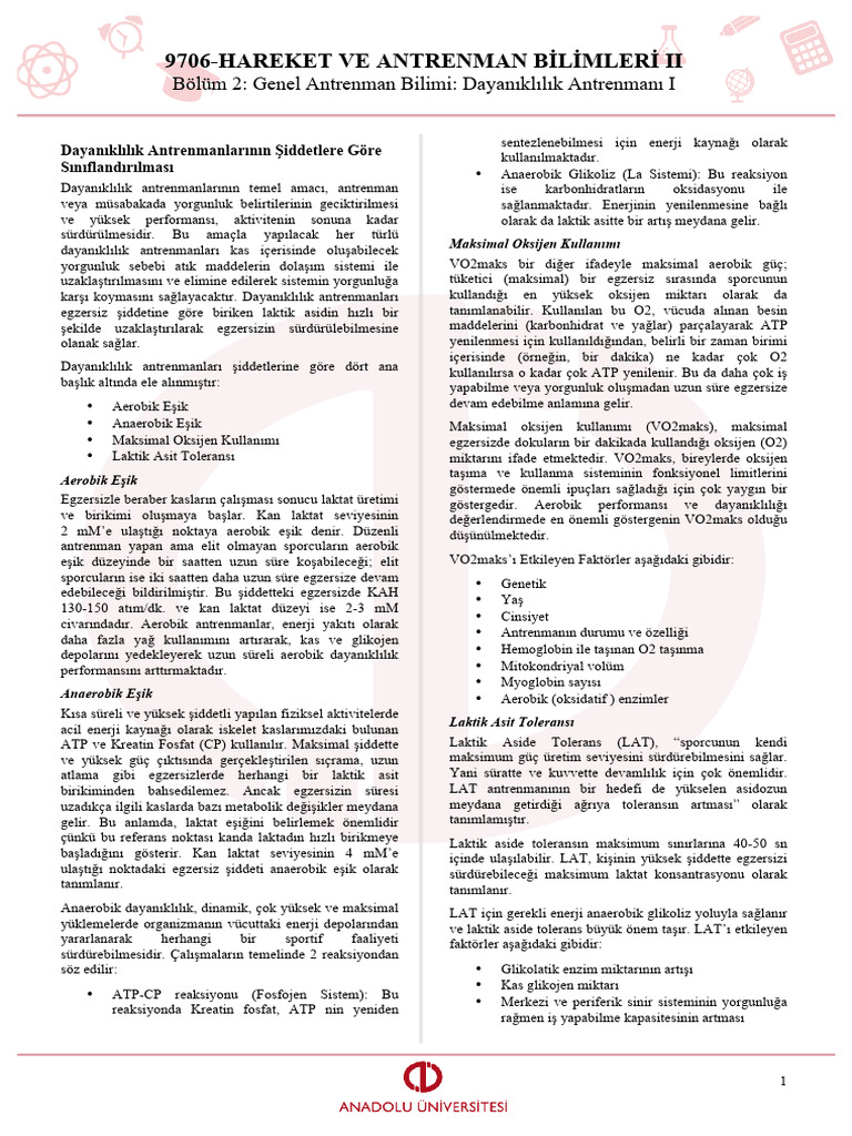 9706-Hareket Ve Antrenman Bilimleri Ii: Bölüm 2: Genel Antrenman Bilimi: Dayanıklılık Antrenmanı ...