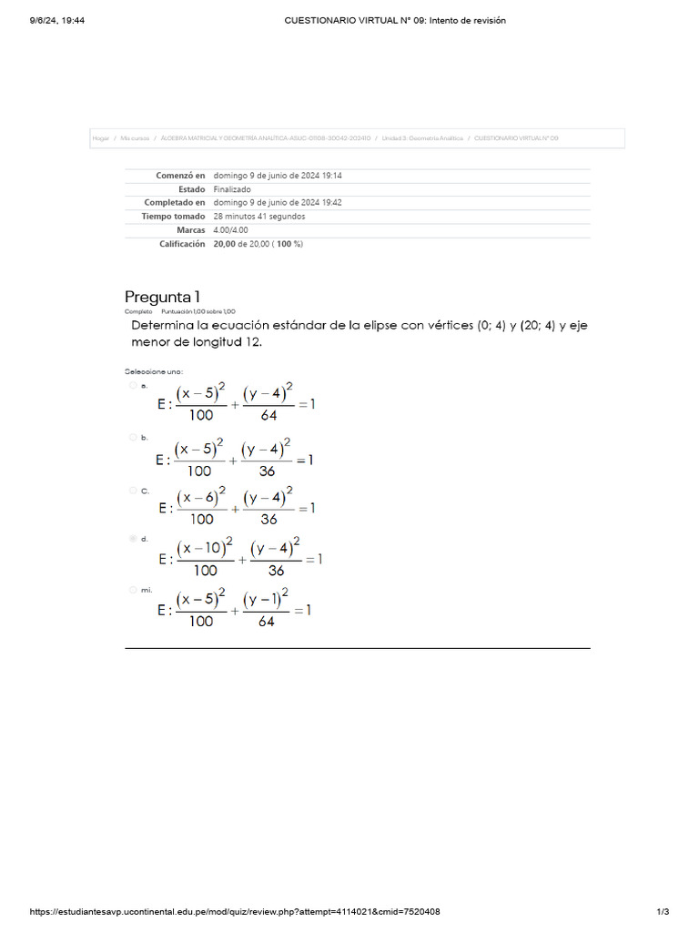 CUESTIONARIO VIRTUAL #09 - Intento de Revisión Alg | PDF | Geometría