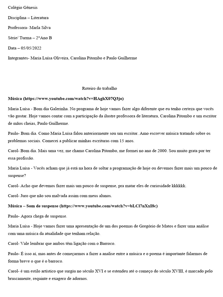 Roteiro Final Literatura | PDF | Anjo | Amor