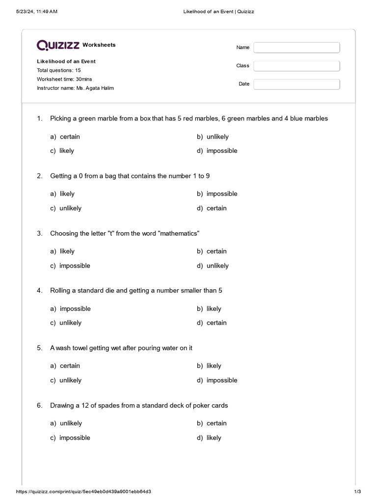 Event Likelihood Worksheet for Students | PDF