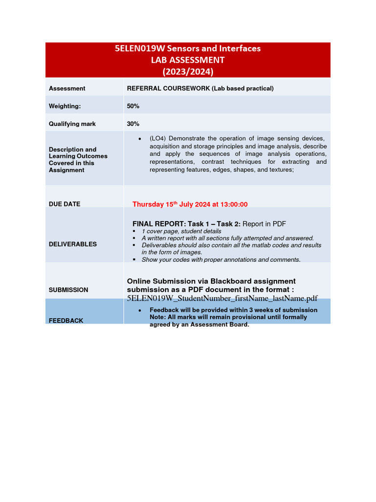 5ELEN019W Sensors and Interfaces Referral - Deferral Lab Assessment - 2023-24 | PDF | Annotation ...