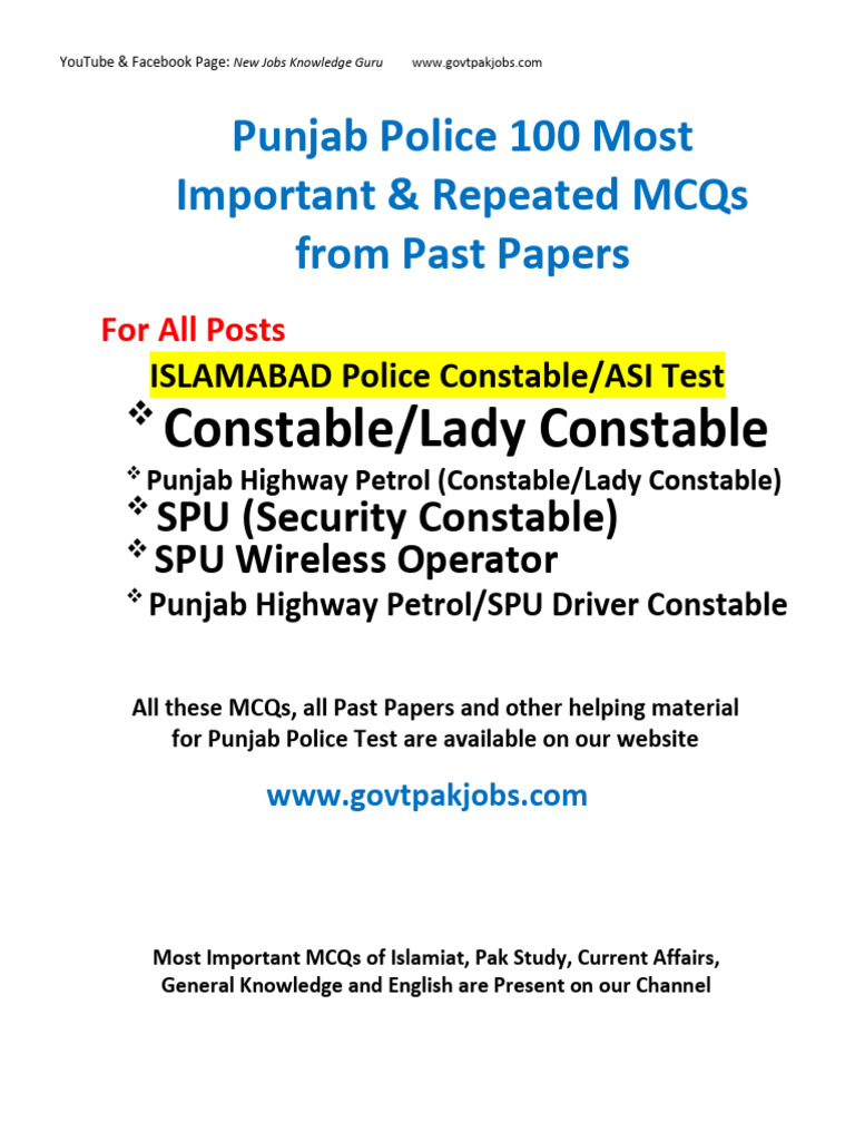 100 MCQ Final Punjab Police 1 1 | PDF | Pakistan