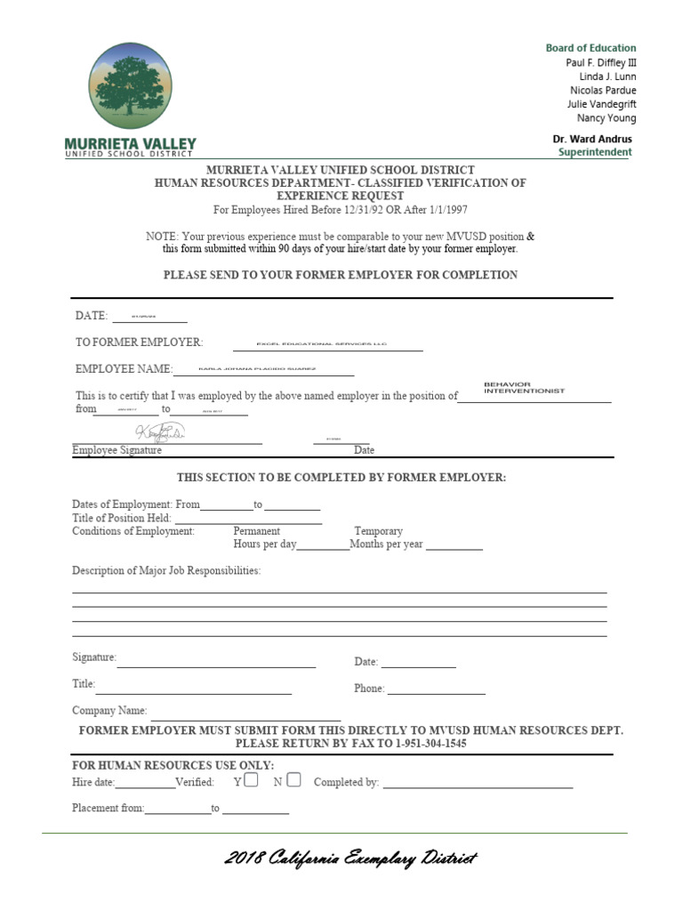 MVUSD Experience Verification Form | PDF | Labor | Employment