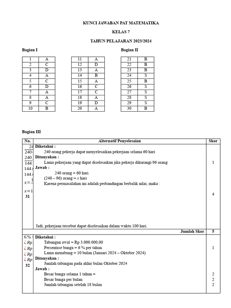 10 Kunci Jawaban Pat MTK Kelas 7 2023-2024 | PDF