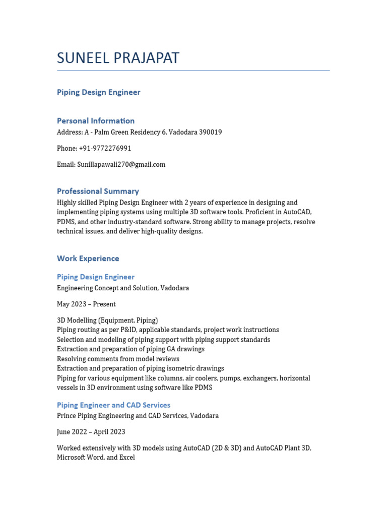 Piping_Design_Engineer_Resume_2_Years_Experience_Updated | PDF | Auto ...