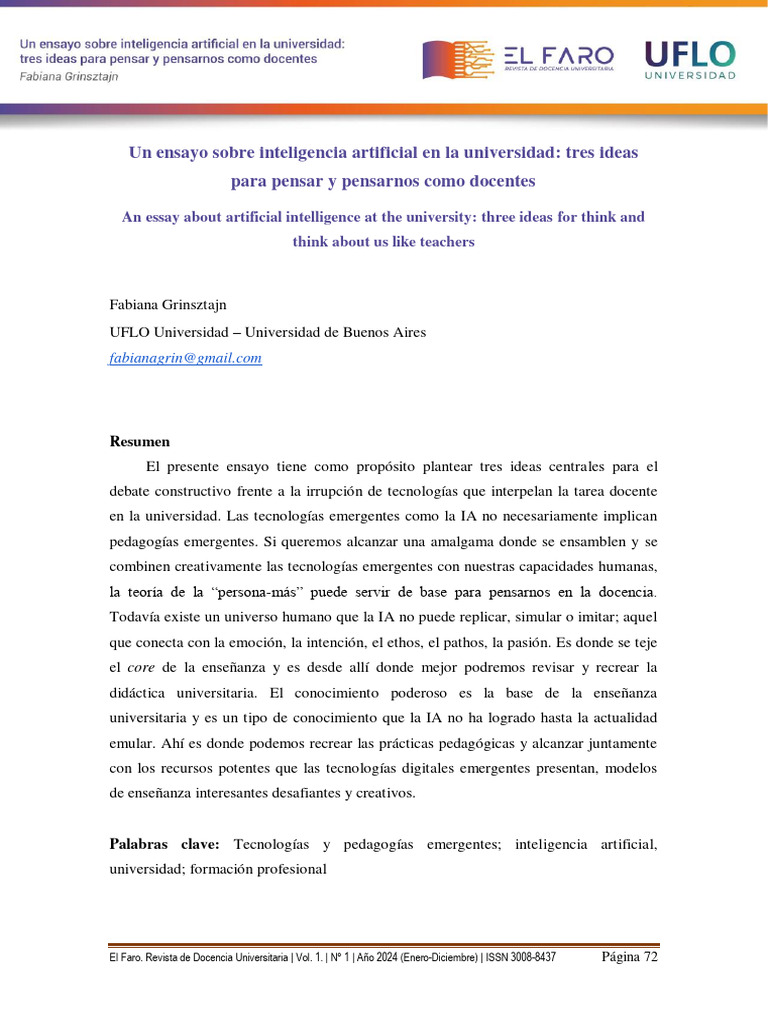 Un Ensayo Sobre Inteligencia Artificial en La Universidad: Tres Ideas para Pensar y Pensarnos ...