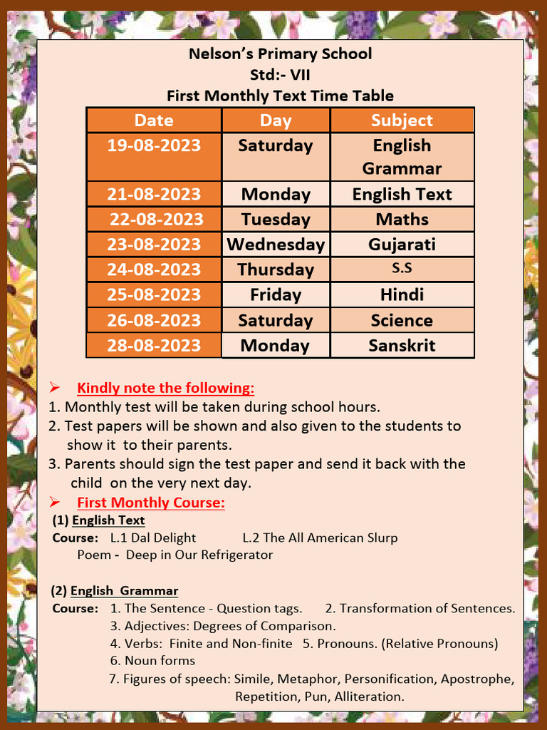Std 7th First Monthly Time Table | PDF | English Language | English Grammar