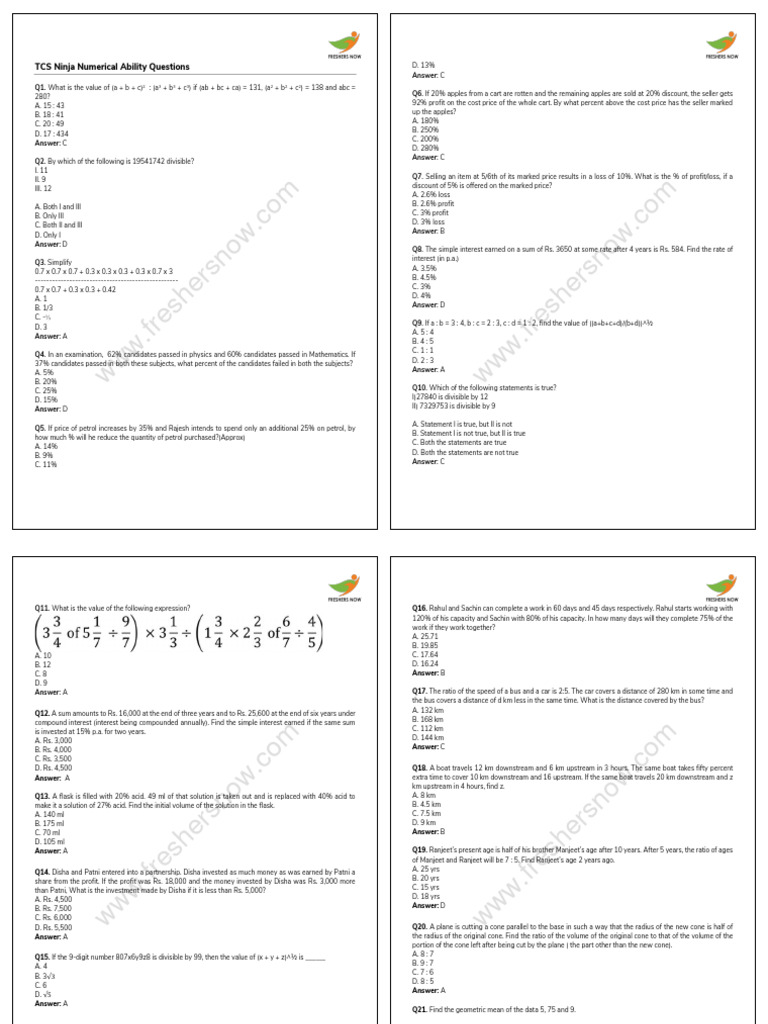 TCS Ninja Numerical & Verbal Ability Questions | PDF | Mind