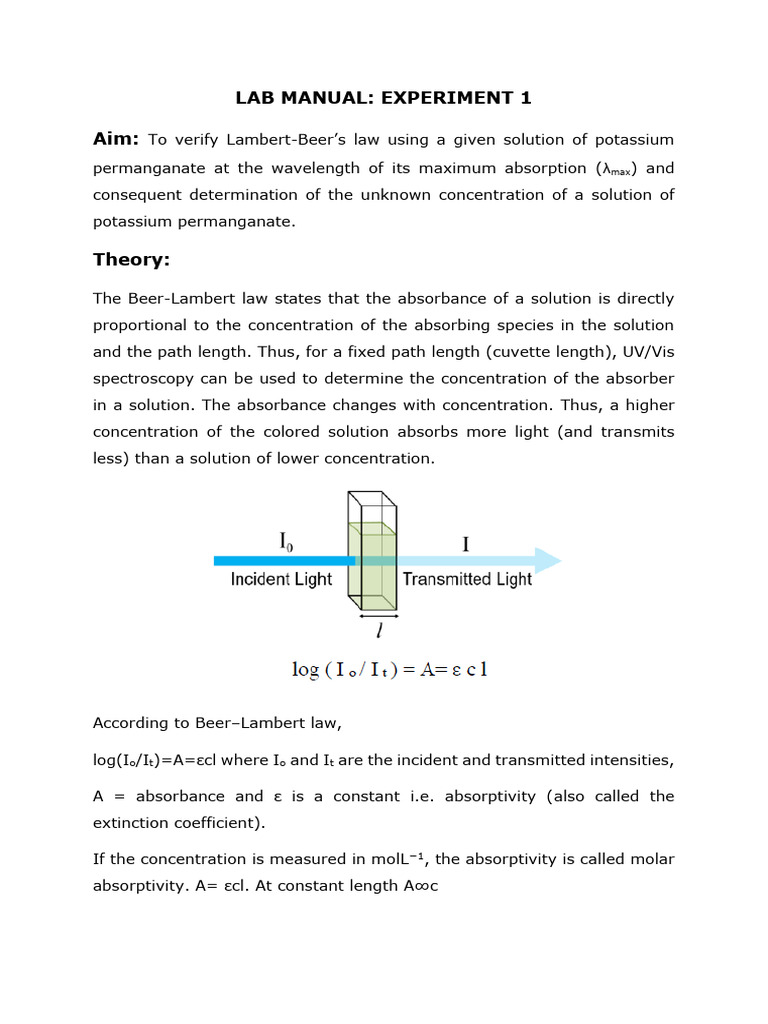 Lambert Beer's Law Lab Manual - 240405 - 143421 | PDF | Absorbance | Ultraviolet–Visible ...