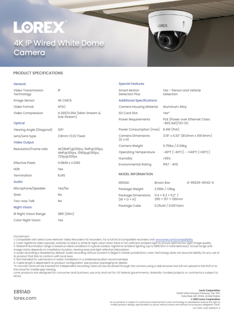 E851AD White Dome Camera Specs R2 | PDF | Camera | Video