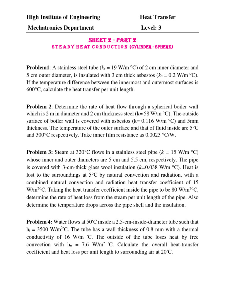 Sheet 2 Part 2 - Conduction in Cylinders & Spheres | PDF