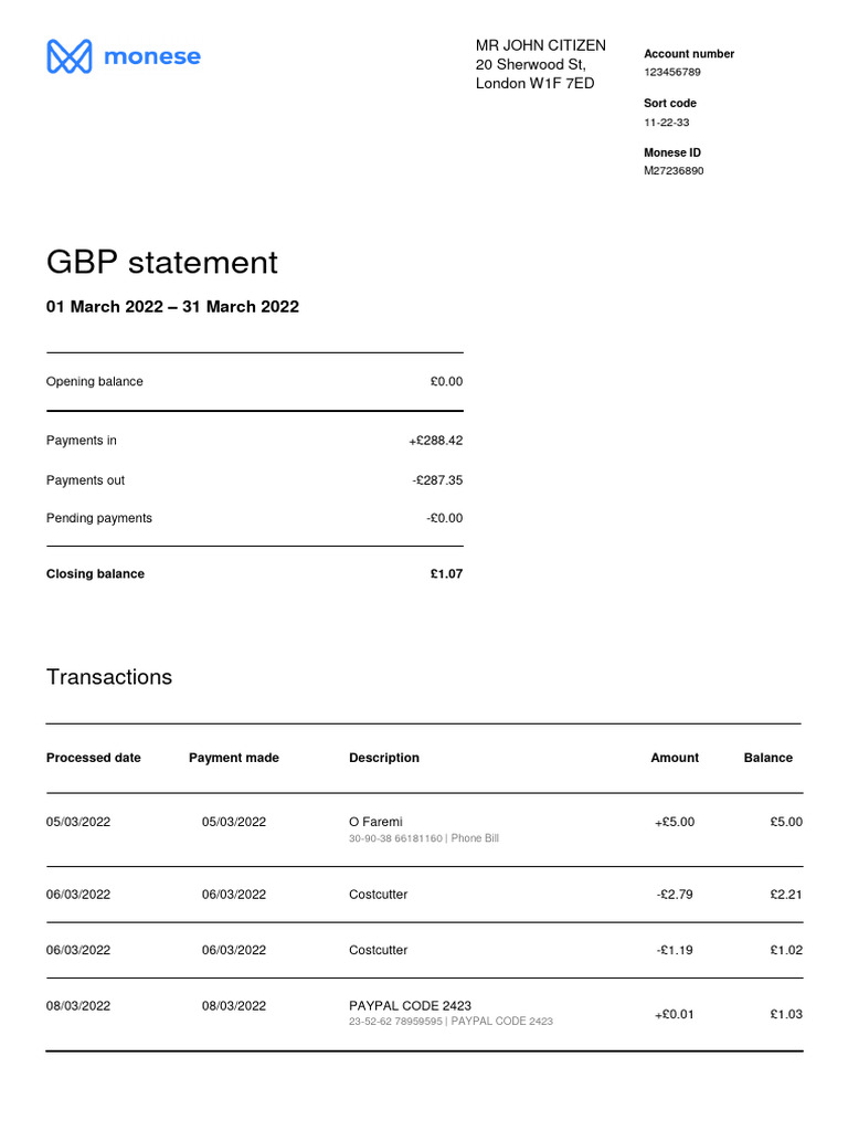 Monese UK Bank Statement Sample | PDF | Pay Pal | Service Industries