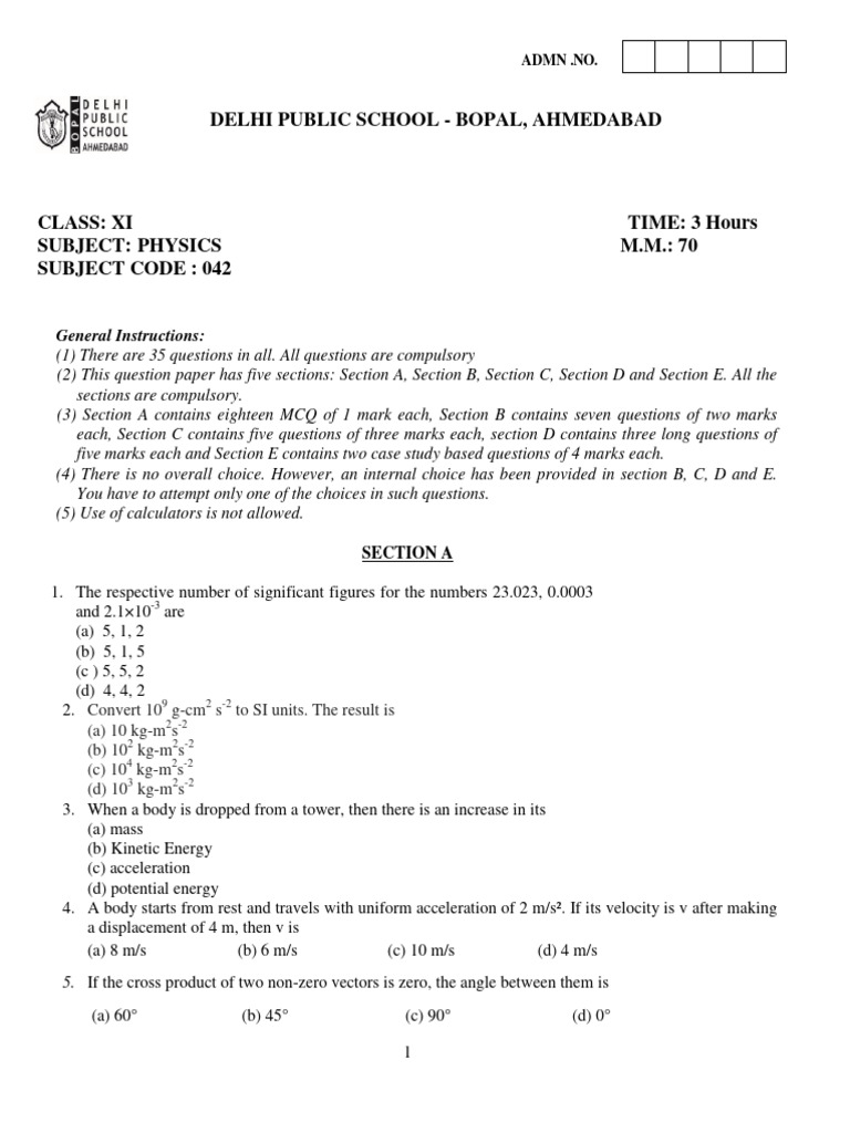Class XI Phy - Sample Paper 2023-24 | PDF | Force | Momentum