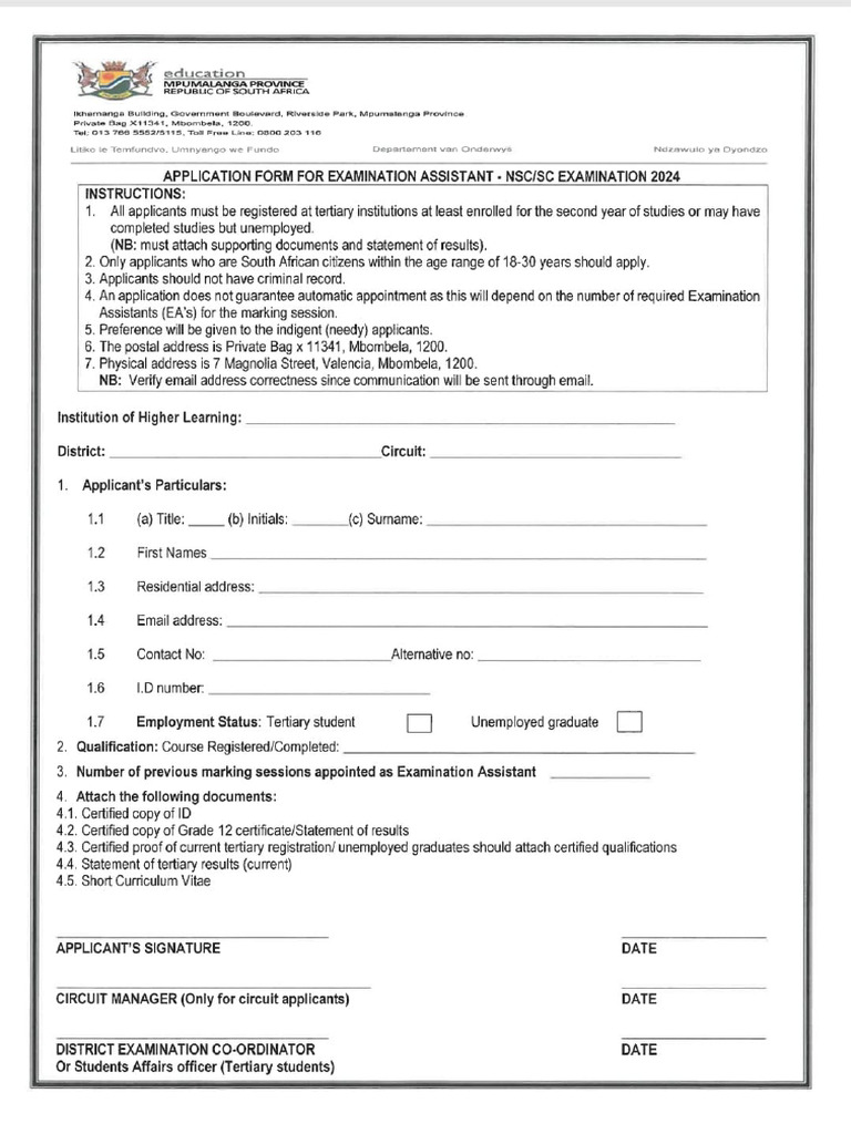 Mpumalanga Education Exam Assistants 2024 Application Form | PDF ... Mpumalanga Education Exam Assistants 2024 Application Form | PDF ...