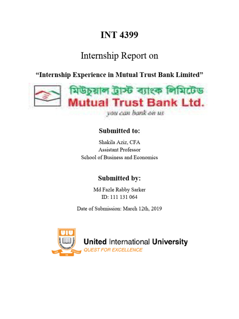 Internship Report: Mutual Trust Bank | PDF | Cheque | Banks