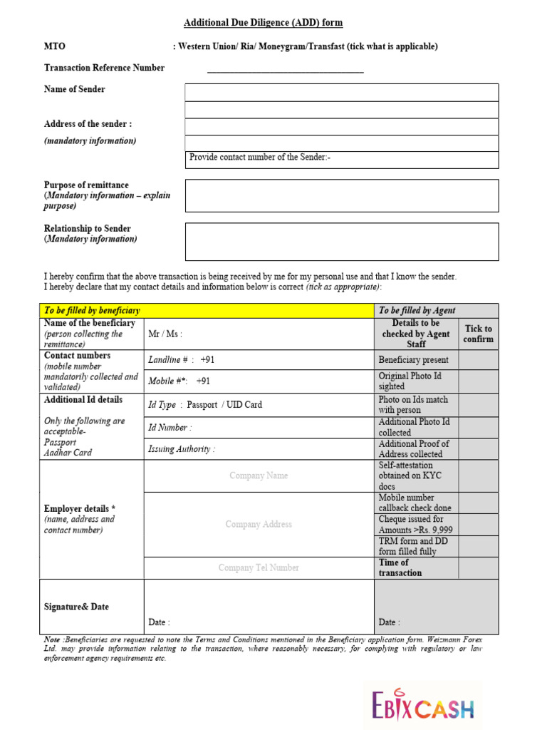 Additional Due Diligence Form for Remittances | PDF | Identity Document ...
