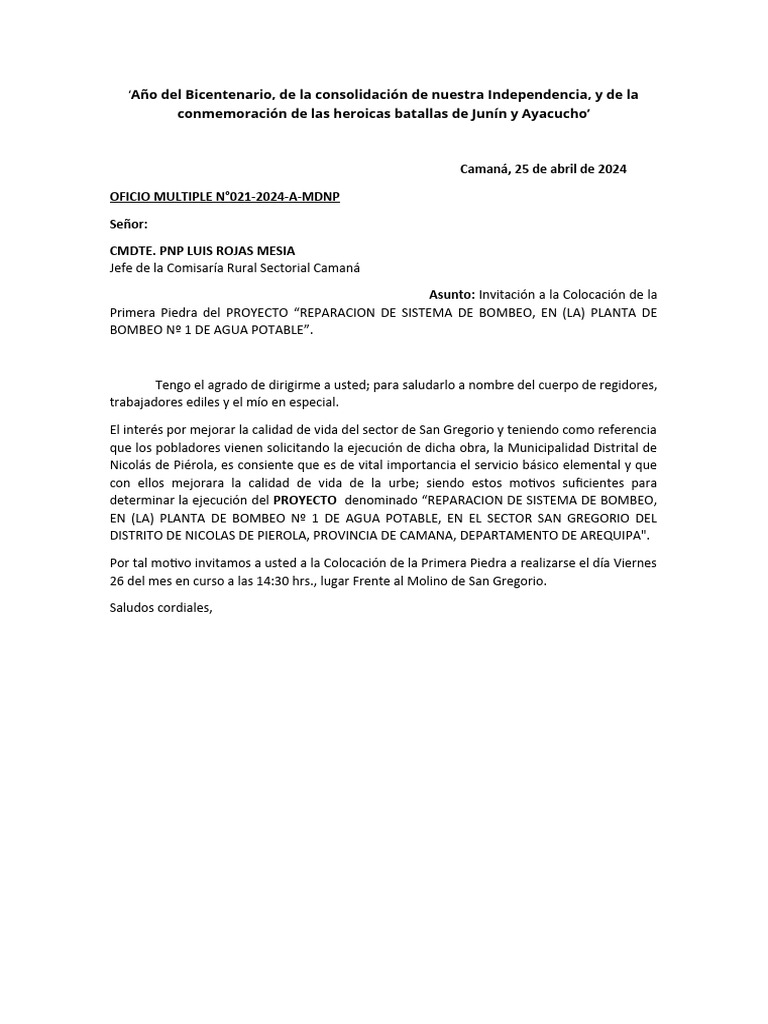 Oficio De Invitacion Colocacion De Primera Piedra 021 Pdf