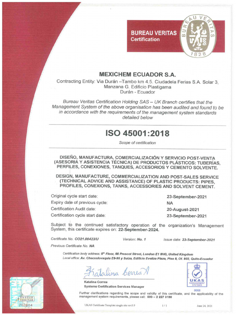 CERTIFICADO BUREAU VERITAS ISO 45001 2018 | PDF