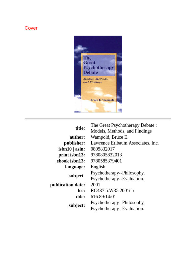 The Great Psychotherapy Debate Models, Methods, and Findings (Bruce E ...
