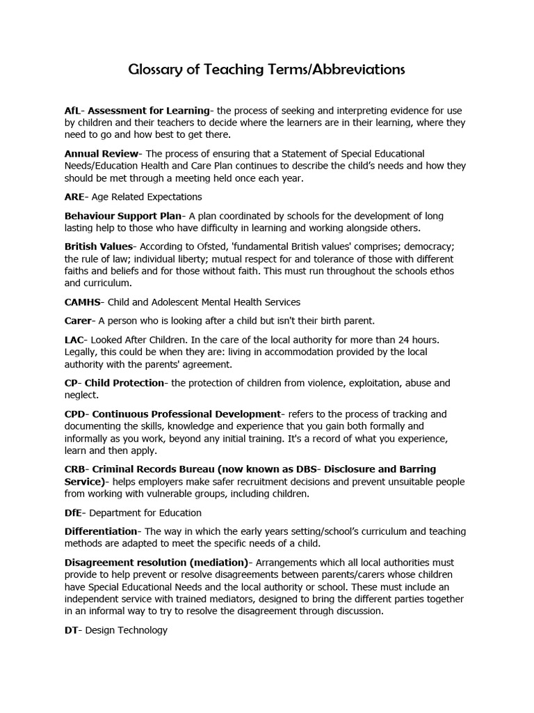 Glossary of Teaching Terms and Abbreviations | PDF | Learning ...