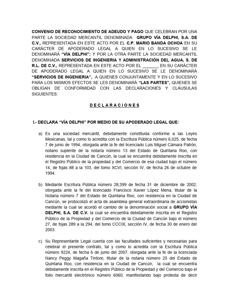 Convenio de Reconocimiento de Adeudo y Pago | PDF