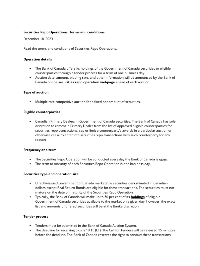 Securities Repo Operations - Terms and Conditions | PDF | Repurchase ...