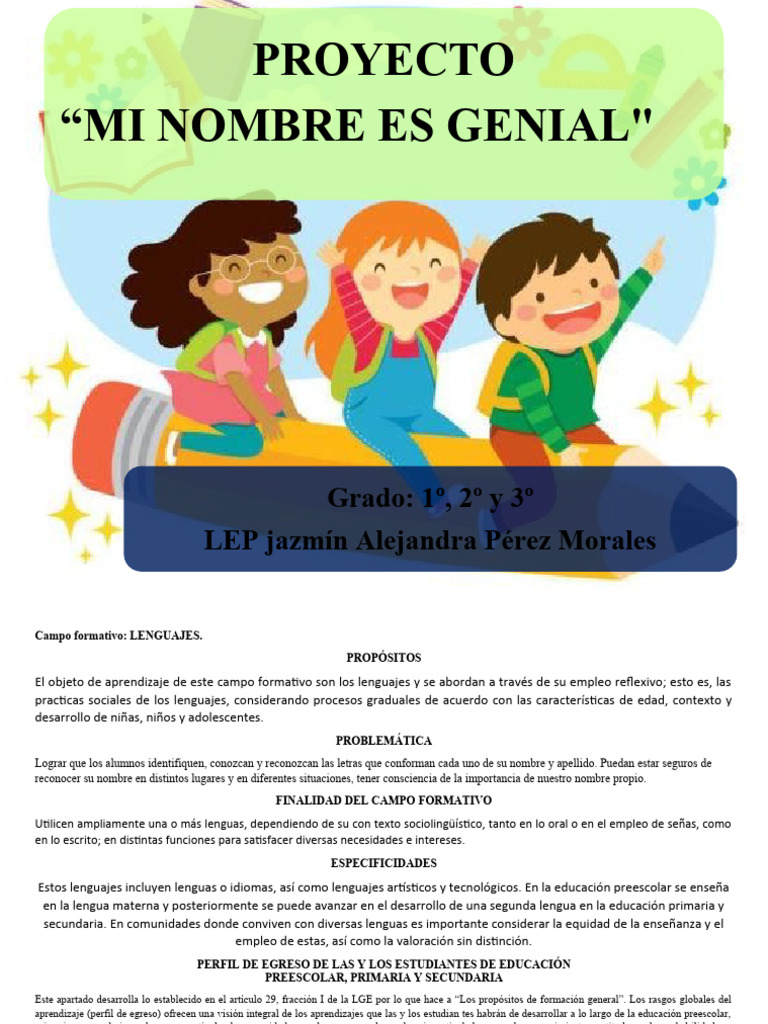 planeación proyecto mi nombre es genial enero | PDF | Educación de la primera infancia | Aprendizaje