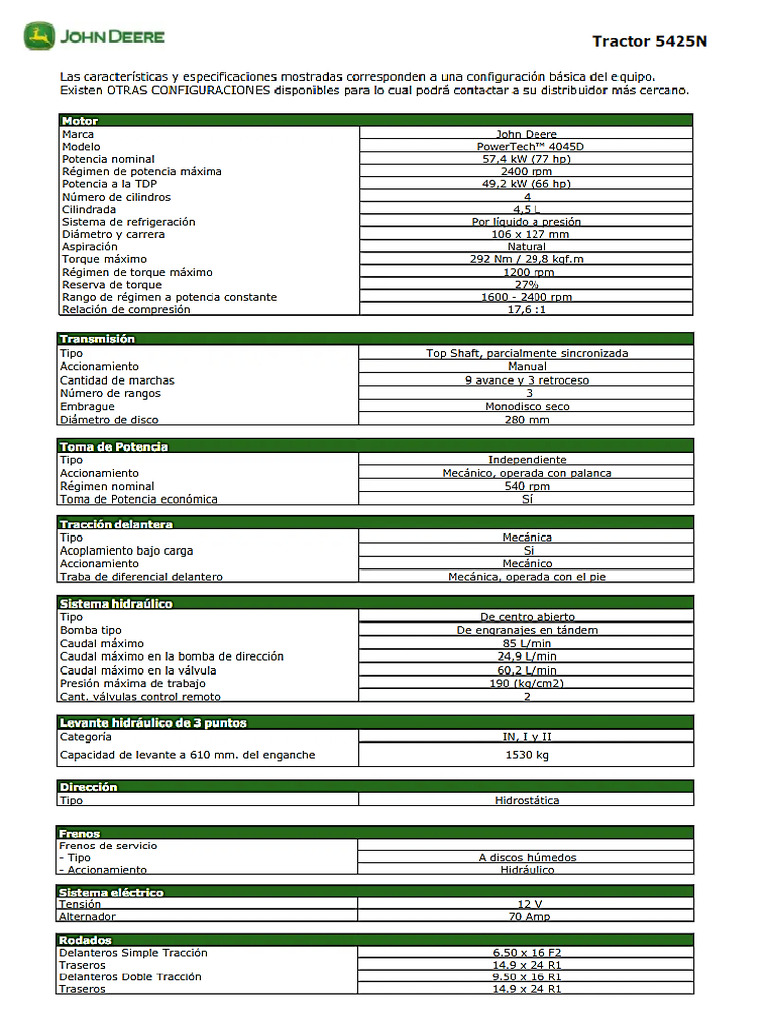 Ficha Tecnica de John Deere 5425n | PDF
