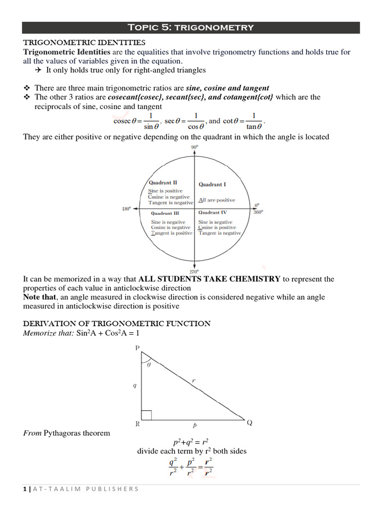 Topic 5 TRIGONOMETRY | PDF | Trigonometric Functions | Trigonometry