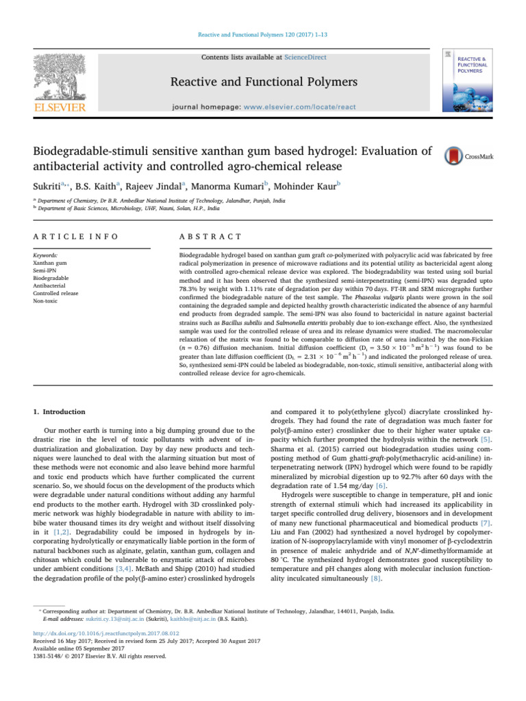 Biodegradable Stimuli Sensitive Xanthan Gum Based Hydrogel Evaluation Of Antibacterial