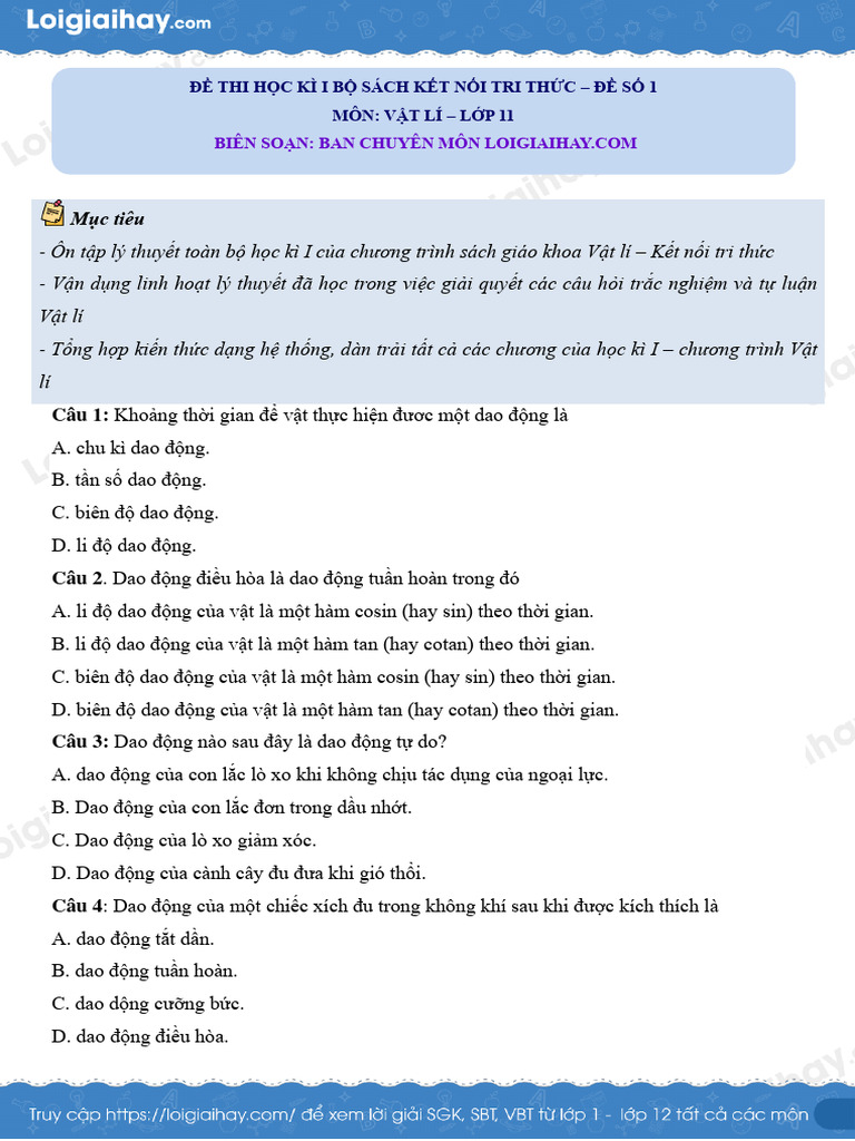 De Thi Hoc Ki 1 Vat Li 11 Ket Noi Ri Thuc de So 1 1700707894 | PDF