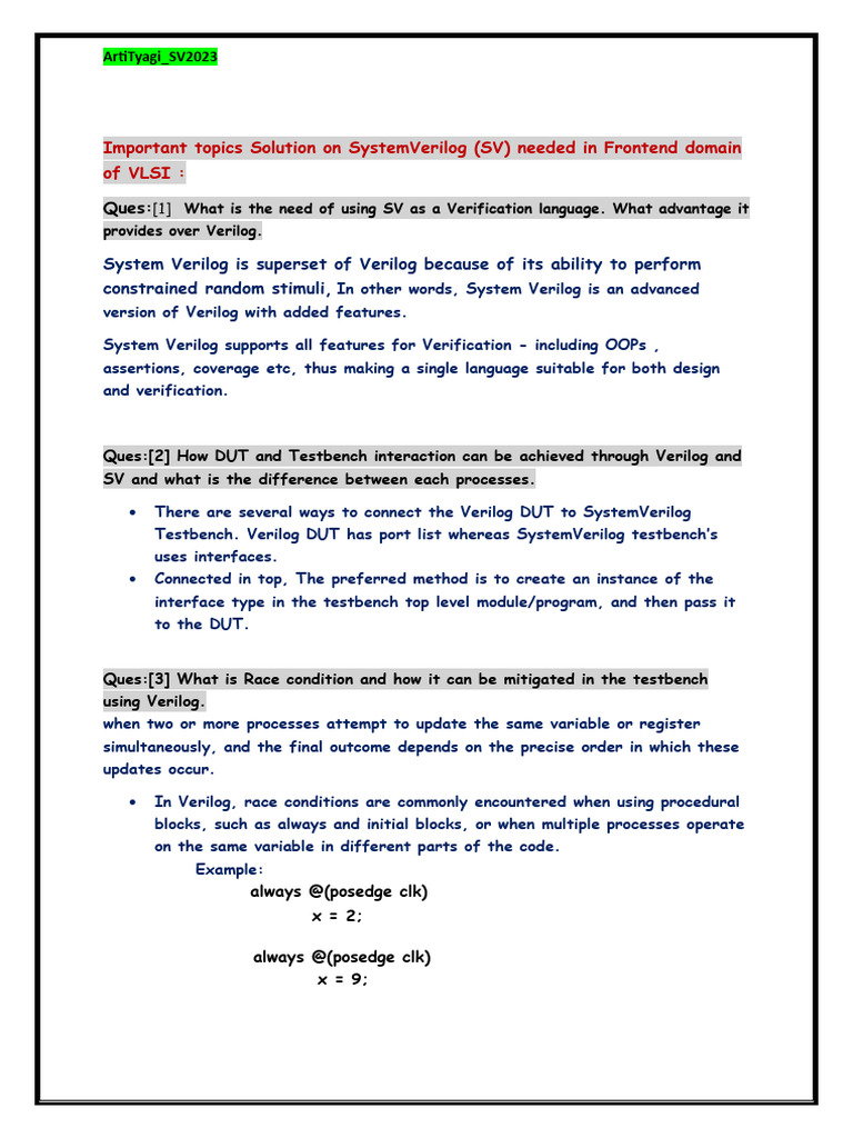Important Topics Solution On Systemverilog Sv Needed In Frontend Domain Of Vlsi Pdf Class 
