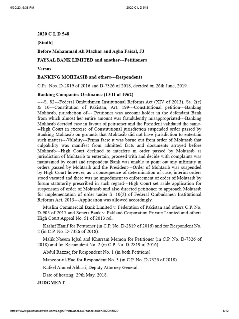 2020 C L D 548 BM Powers | PDF | Banks | Judgment (Law)