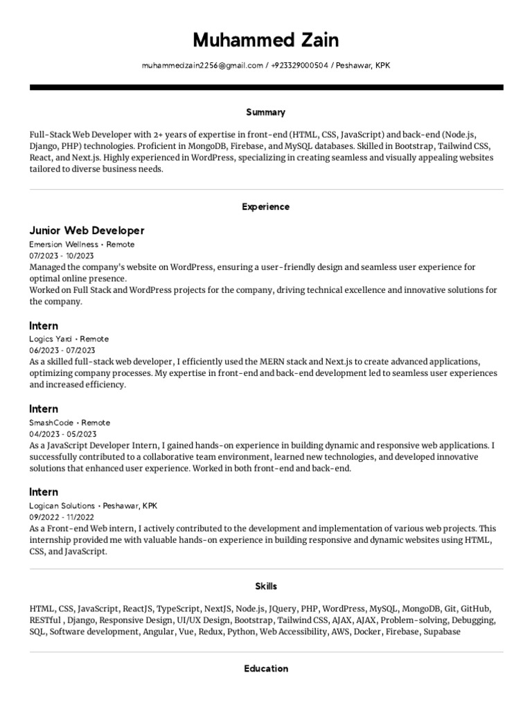 Zain Resume | PDF | World Wide Web | Internet & Web