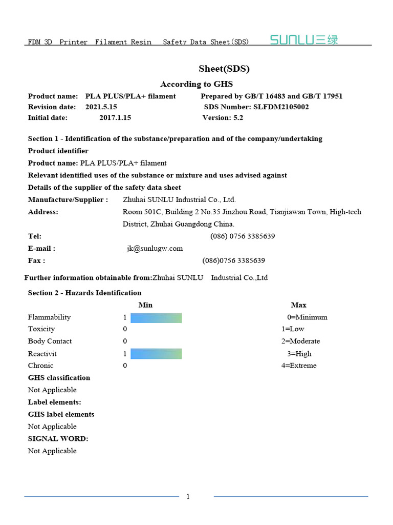 PLA_PLUS_filament-SDS | Download Free PDF | Materials | Occupational ...