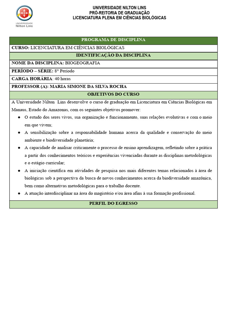 Programa Disciplina Biogeografia | PDF | Biogeografia | Aprendizado