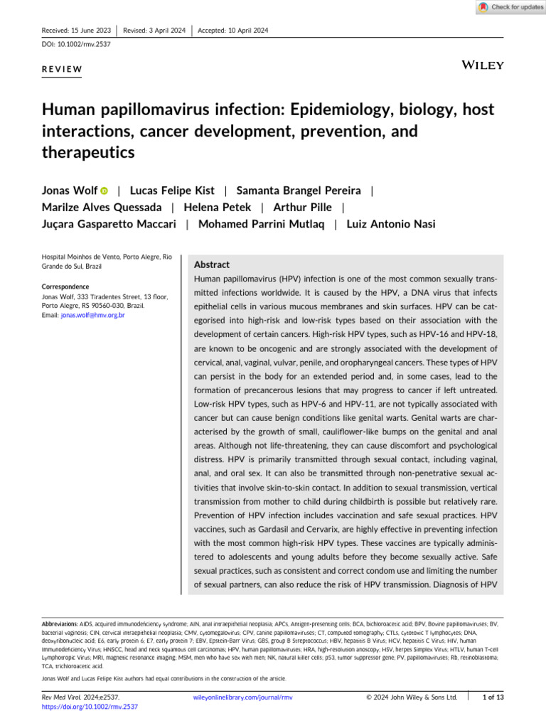 Reviews in Medical Virology - 2024 - Wolf - Human Papillomavirus ...