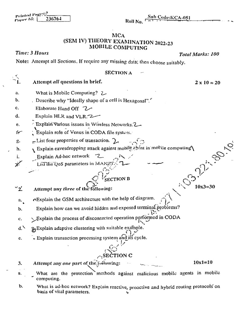 Mca 4 Sem Mobile Computing Kca 051 Jun 2023 | PDF