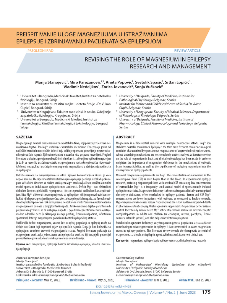 Revising The Role of Magnesium in Epilepsy Research and Management ... Revising The Role of Magnesium in Epilepsy Research and Management ...