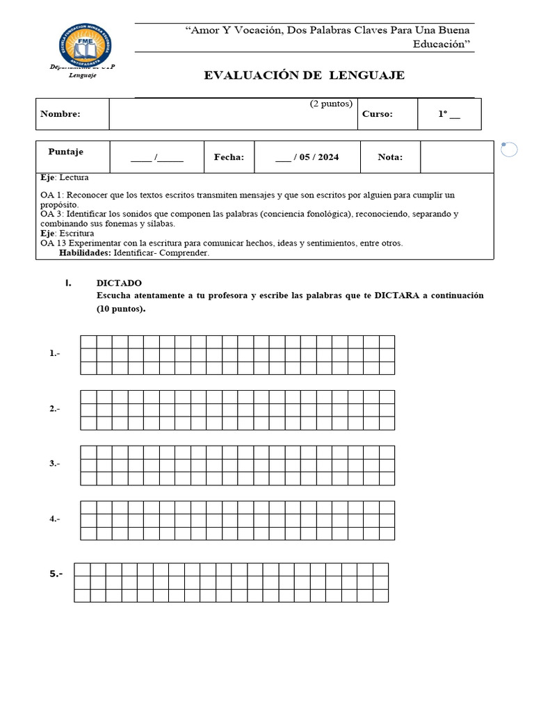 Primera Evaluación de Lenguaje Letras M, L | PDF | Escritura ...